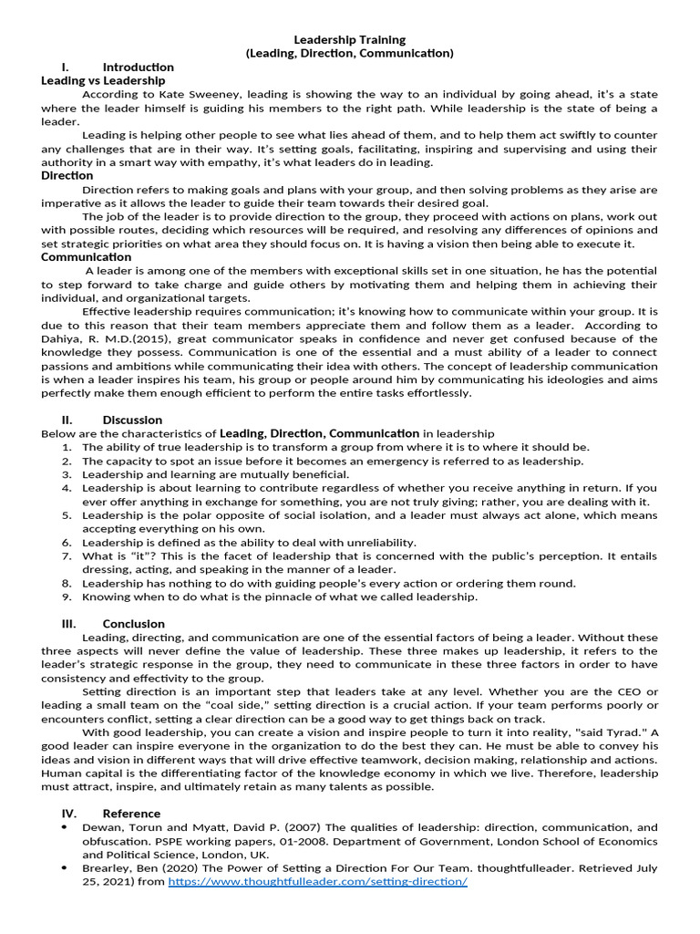 7.3 - LEADING, DIRECTION, COMMUNICATION - Sinohin, Lyka, Dela Cruz | PDF | Leadership | Goal