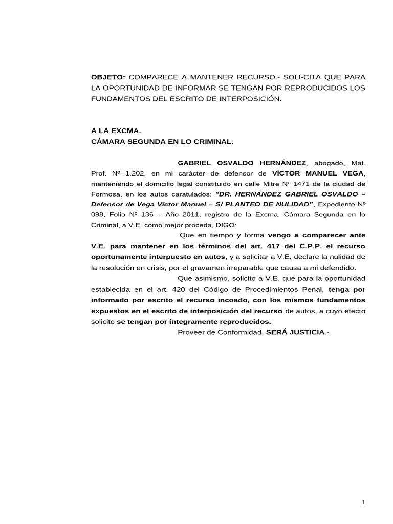 OBJETO - COMPARECE A MANTENER RECURSO DE APELACIÓN - NULIDAD - Pide Se ...