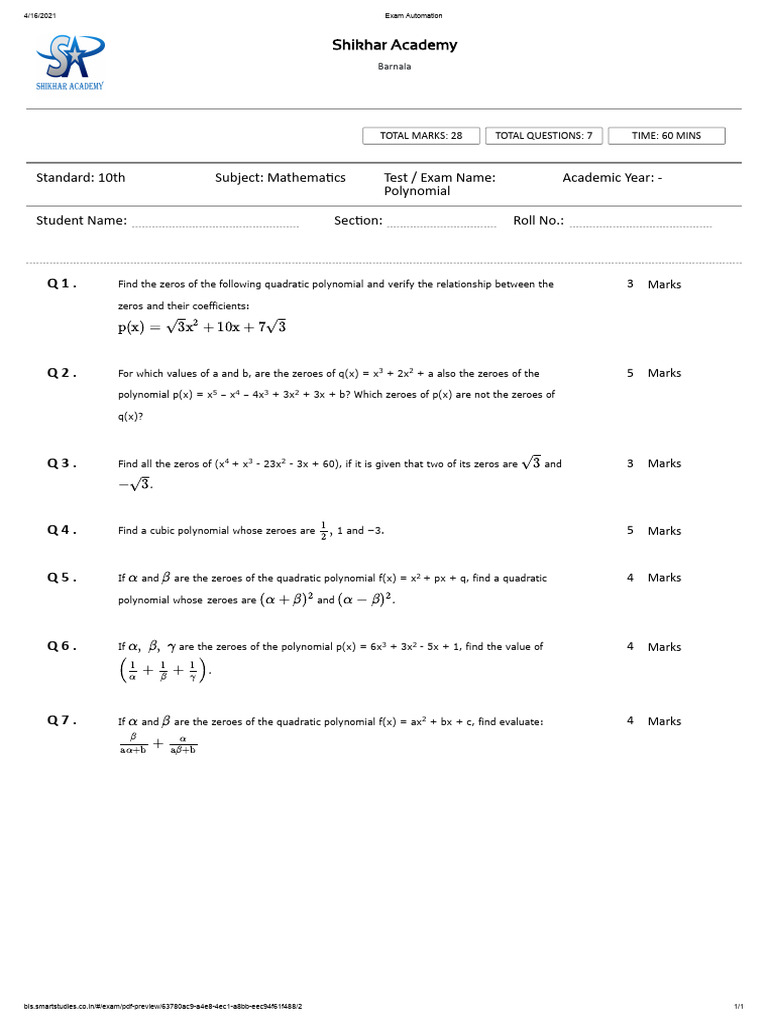 Test Polynomials Pdf Polynomial Mathematical Objects 2078