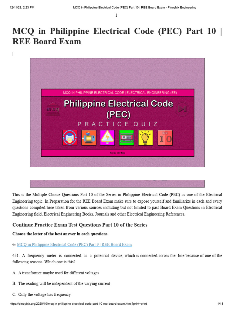 MCQ in Philippine Electrical Code (PEC) Part 10 - REE Board Exam ...