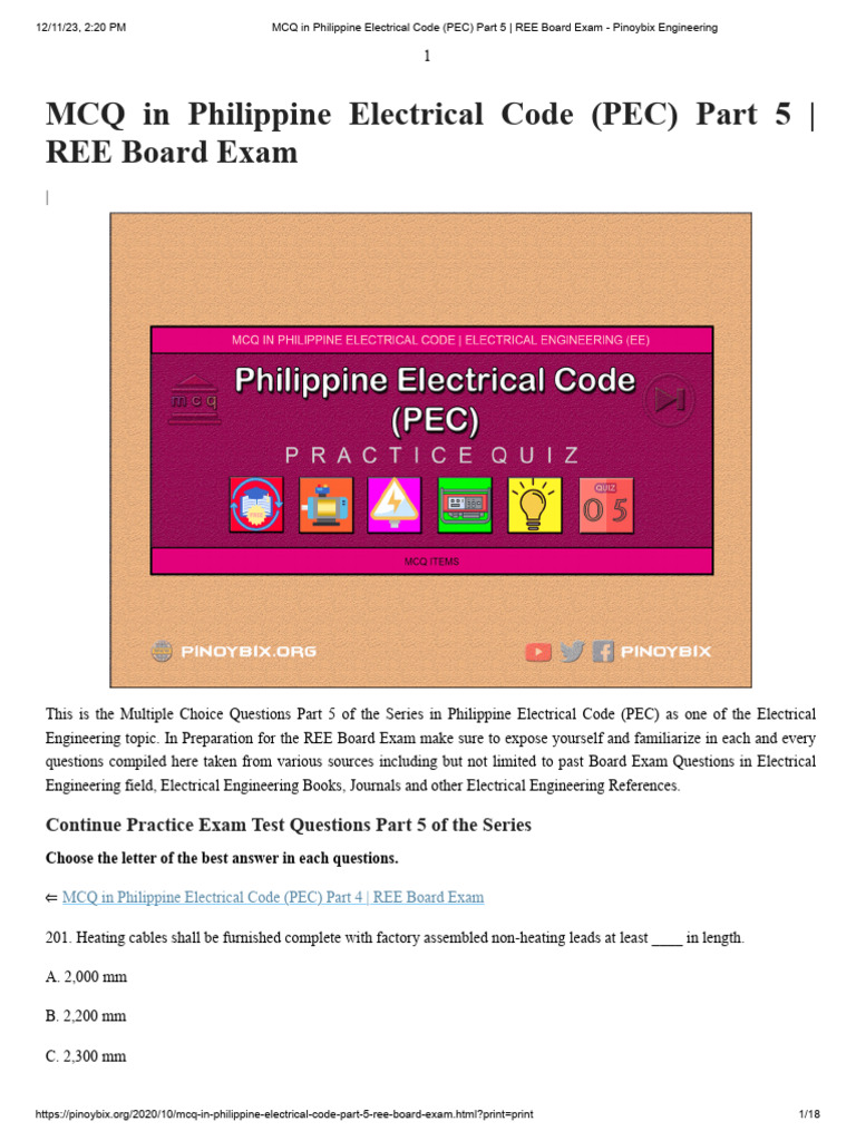 MCQ in Philippine Electrical Code (PEC) Part 5 - REE Board Exam ...
