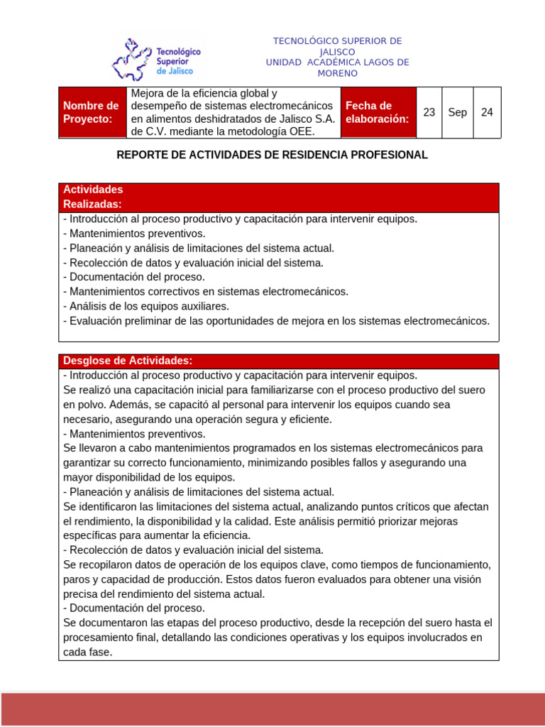 Reporte de actividades de residencia profesional 1 | PDF | Evaluación | Indicador de rendimiento