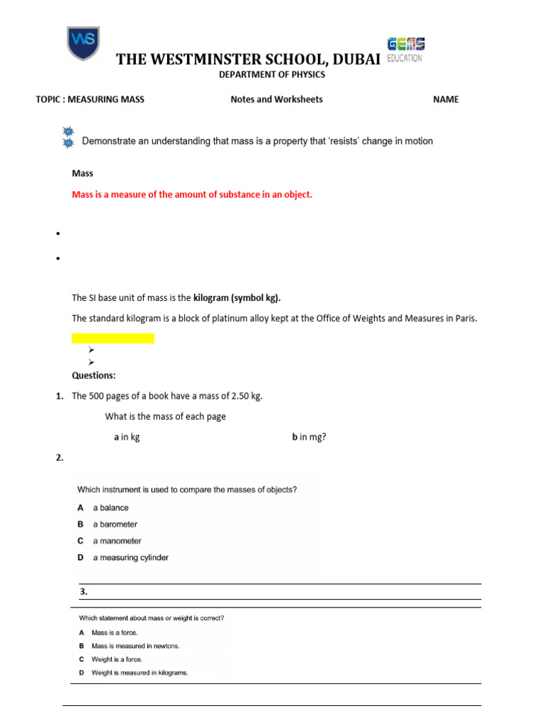 Measuring Mass Notes Worksheet | PDF | Self-Improvement | Science ...