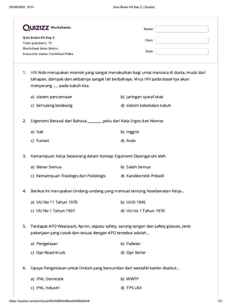 Kuis K3: Ergonomi & Keselamatan Kerja | PDF