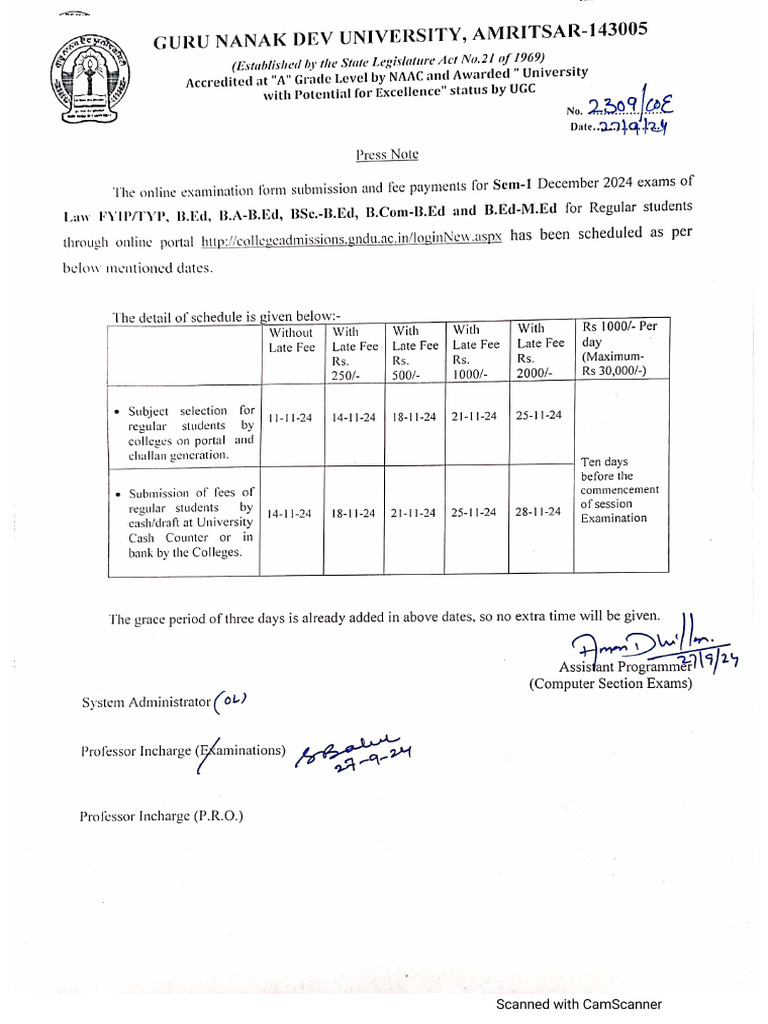 2 Press note ENGLISH Admission Schedule BEd, LLB Sem 1 DEC 2024 | PDF