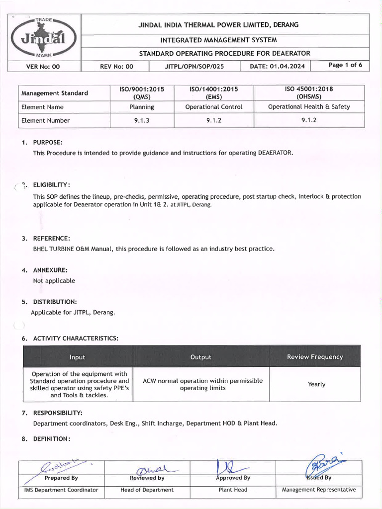Deaerator (Jitpl-Opn-Sop-025) | PDF