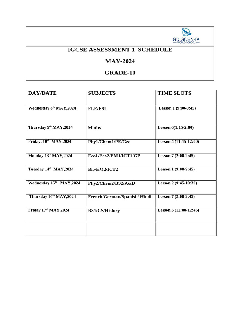 Assessment 1 Schedule - Grade 10 | PDF