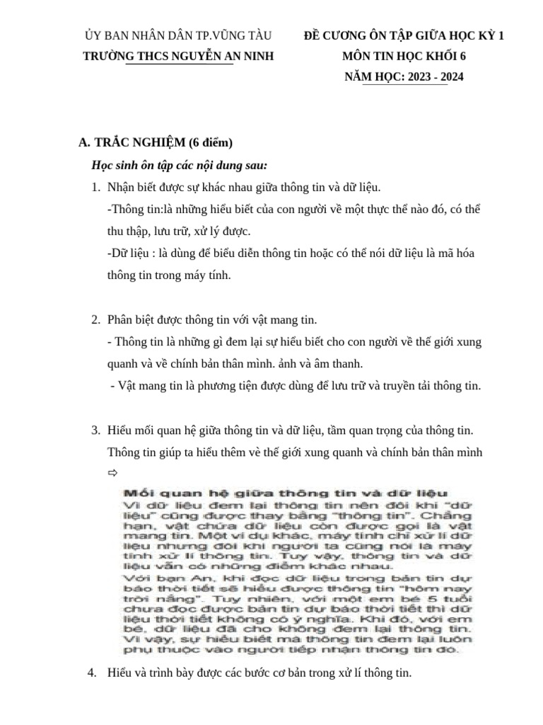 De Cuong On Tap Giua Ky 1 - Tin 6 2023 - 2024 | PDF