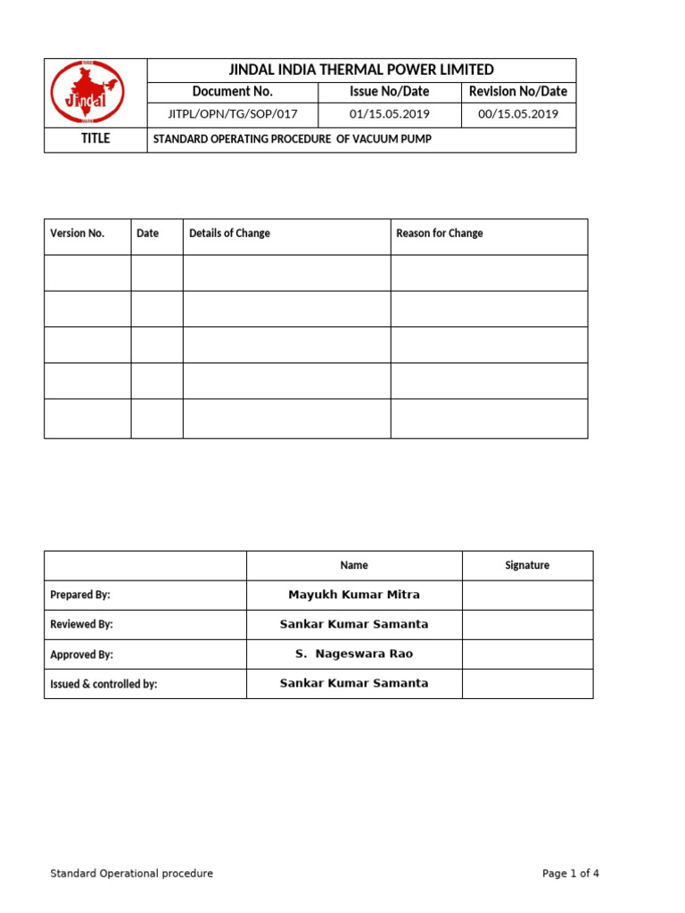 017 - Jitpl - Opn - TG - Sop of Vacuum Pump | PDF | Vacuum | Pump