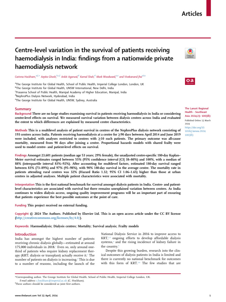 Hockham Et Al 2024 Haemodialysis in India | PDF | Hemodialysis ...