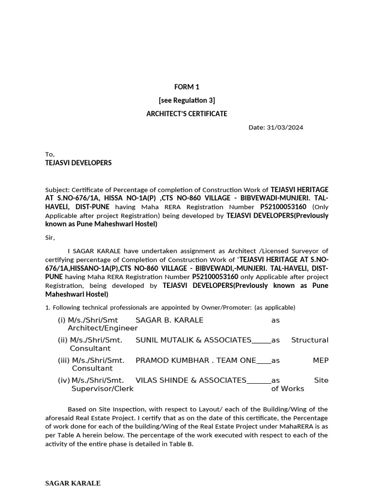 Architect Certificate for Tejasvi Heritage | PDF | Sewage Treatment ...