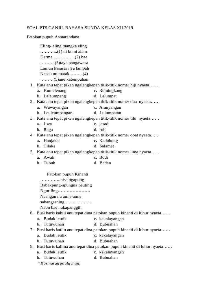 Soal PTS Ganjil Bahasa Sunda Kelas Xii 2019 | PDF | Seni & Disiplin Bahasa
