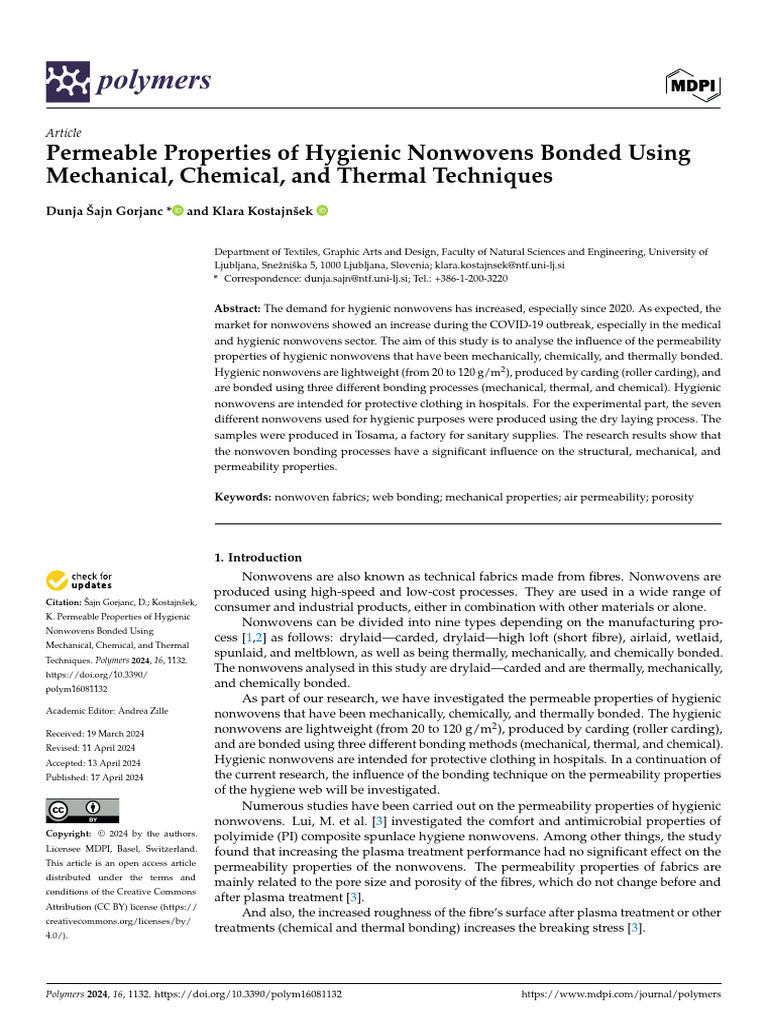 Polymers 16 01132 v2 | PDF | Nonwoven Fabric | Dependent And ...