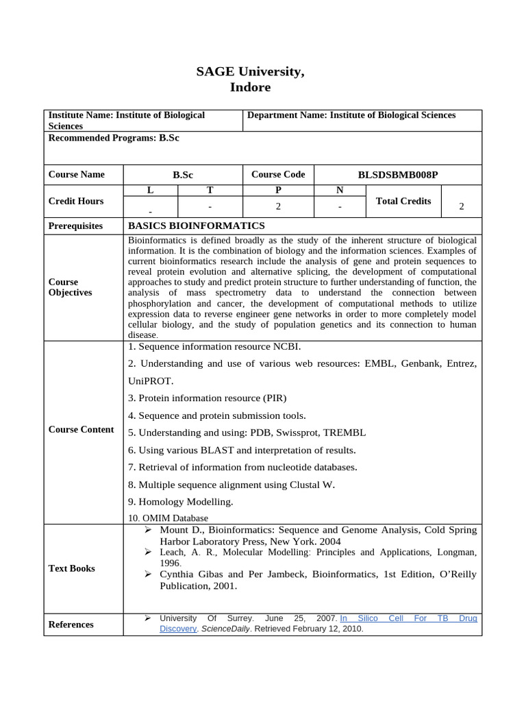 Basic Bioinformatics Syllabus | PDF | Bioinformatics | Systems Biology
