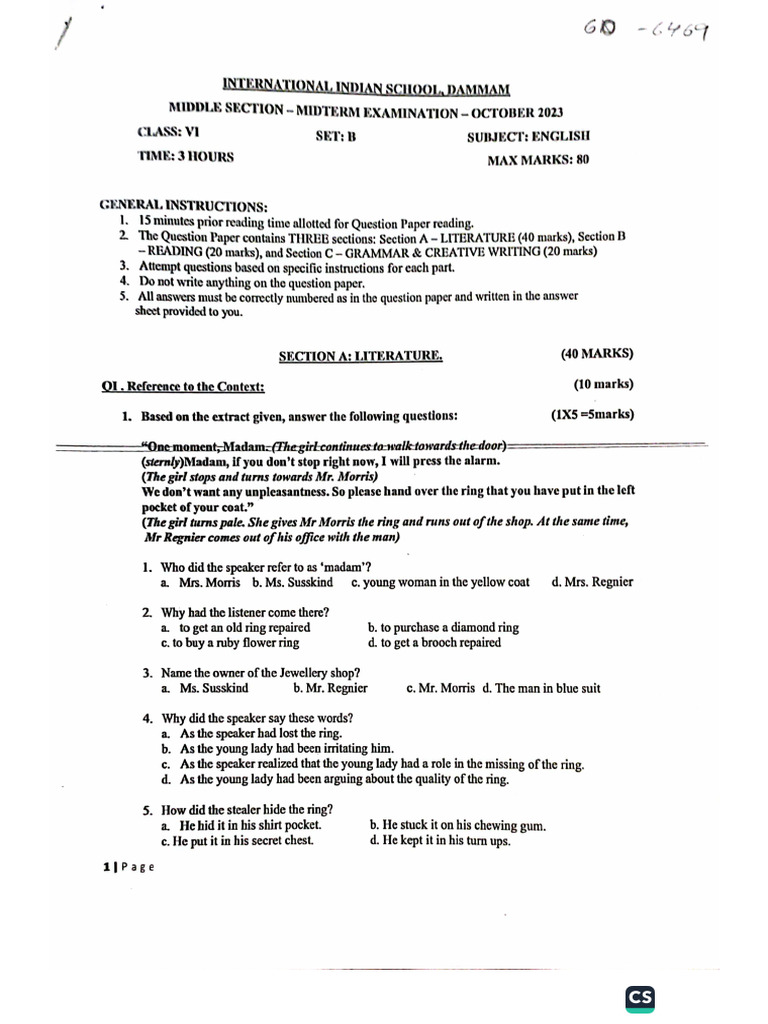 English Mid-term Question Paper Set b | PDF