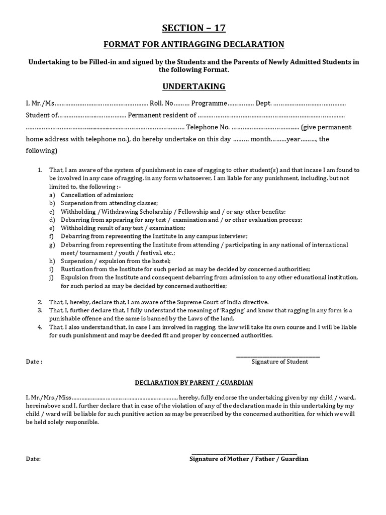 Section 17- Format for Anti Ragging Declaration (2) | PDF | Human Rights | Justice
