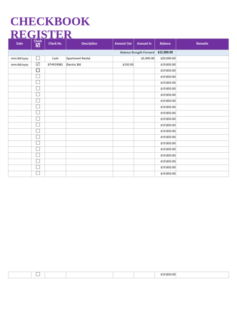 Checkbook Register Example Template | PDF