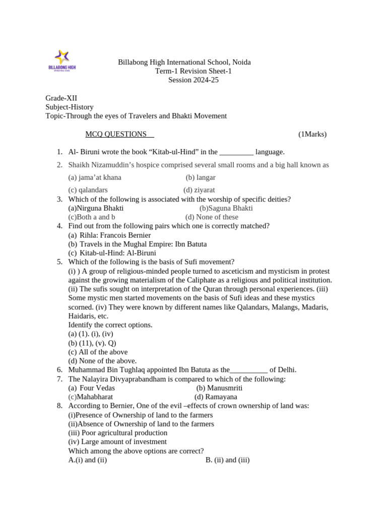 Revision Worksheet- History Class 12th | PDF | Sufism | Indian Religions