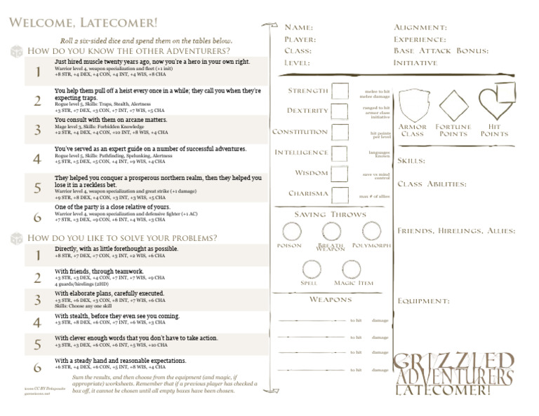 Grizzled Adventurers Latecomer Character Sheet | PDF | Gaming | Role ...