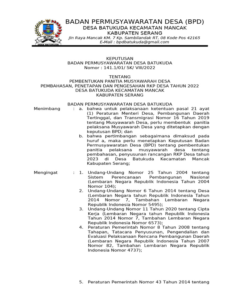 SK Panitia Musdes Pengesahan RKP Desa 2023 | PDF | Griya & Taman