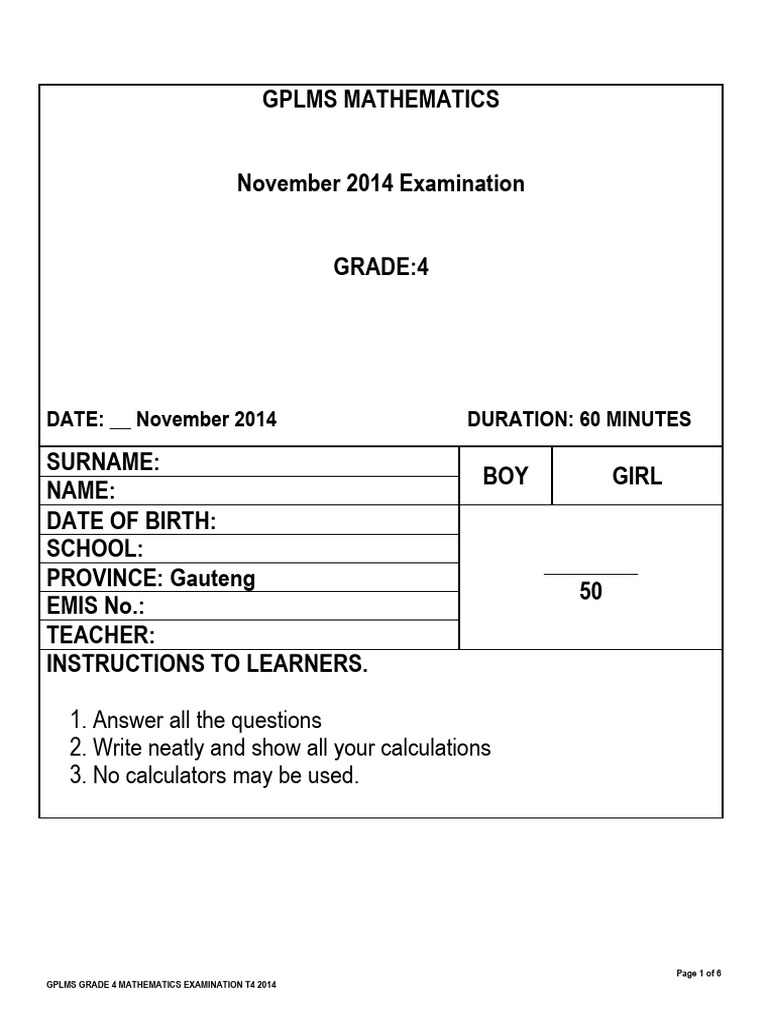 Grade 4 Maths Exam Paper T4 2014 | PDF