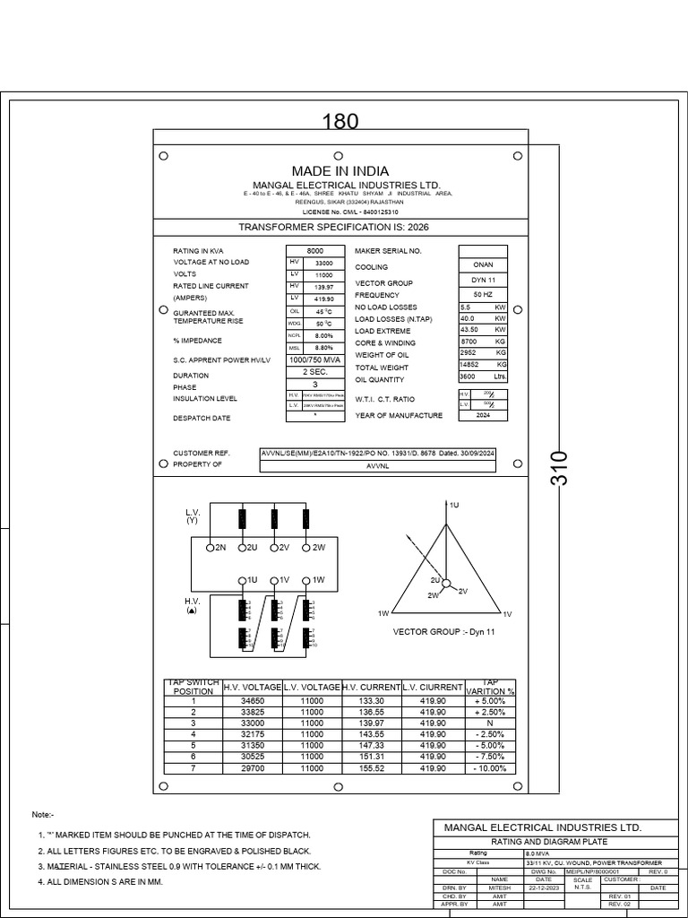 8 Mva SS Name Plate TN-1922 | PDF | Transformer | Metrology