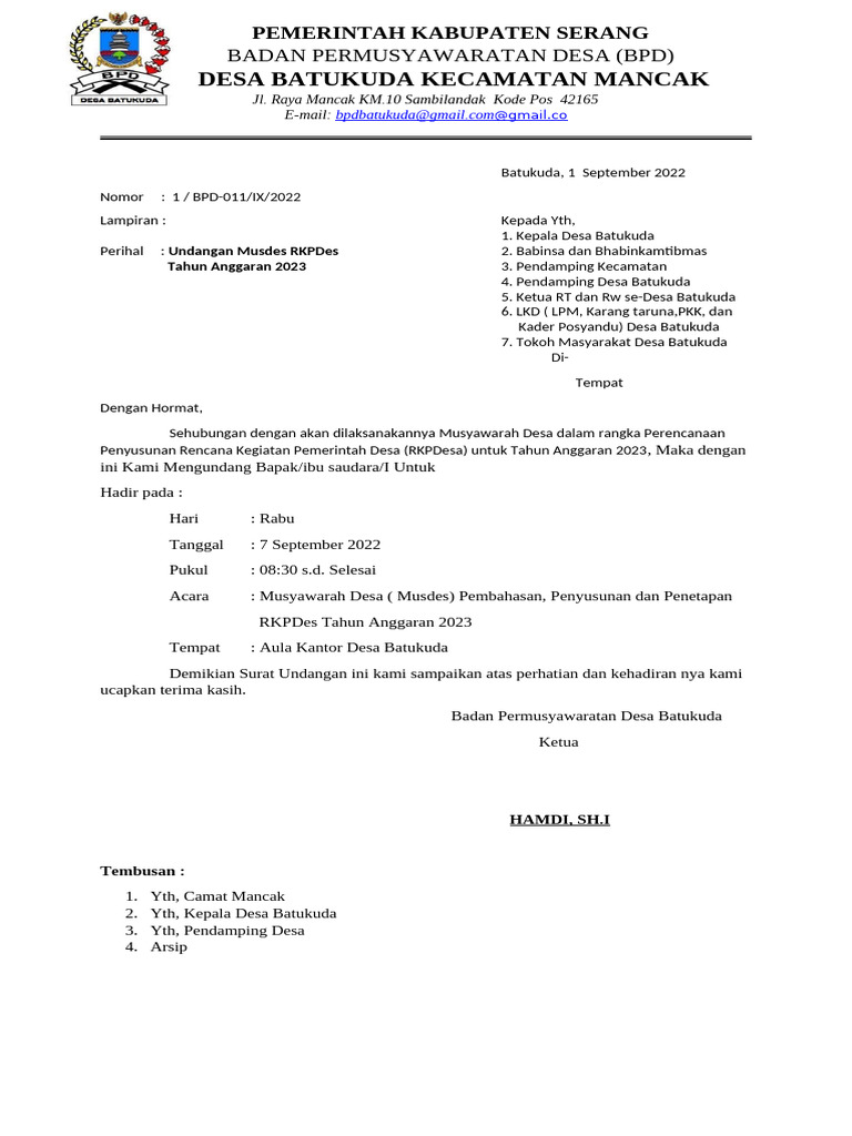 Undangan Musdes Rkpdes 2023 | PDF