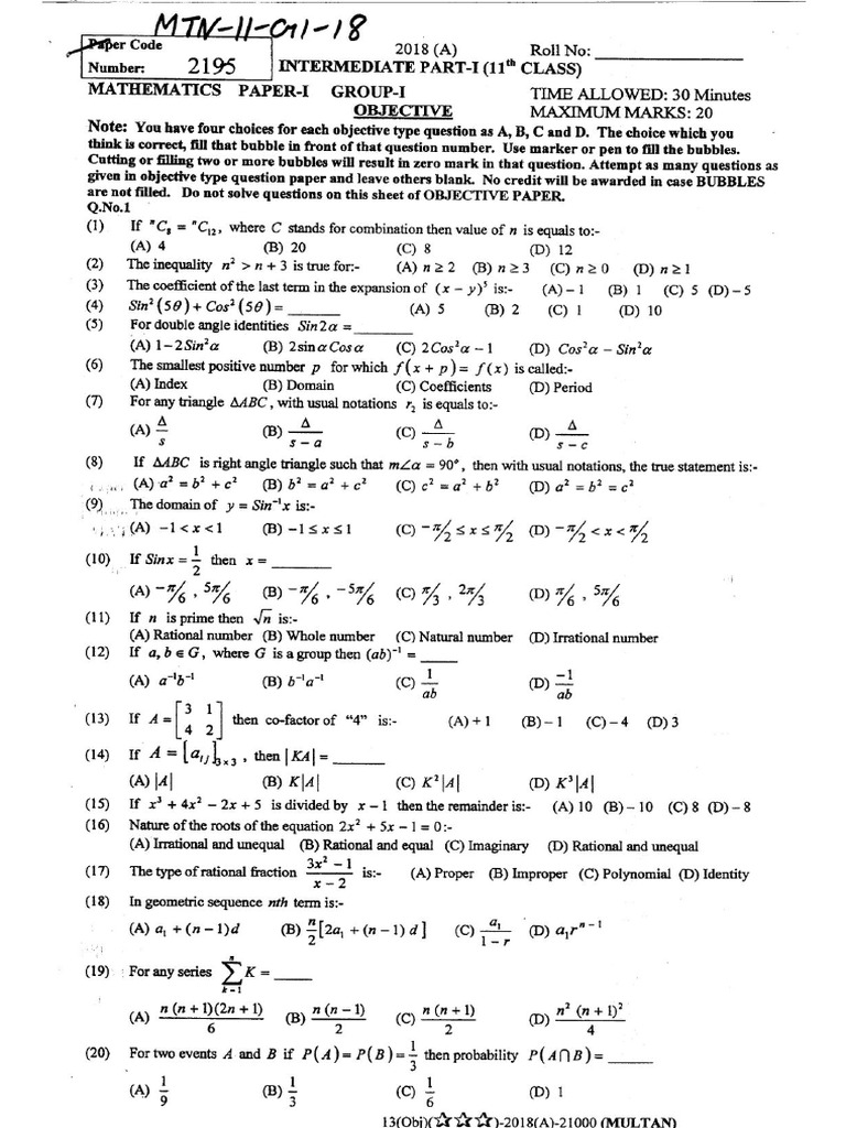 Mathematics-11 MTN - (G1-G2) - 18 | PDF
