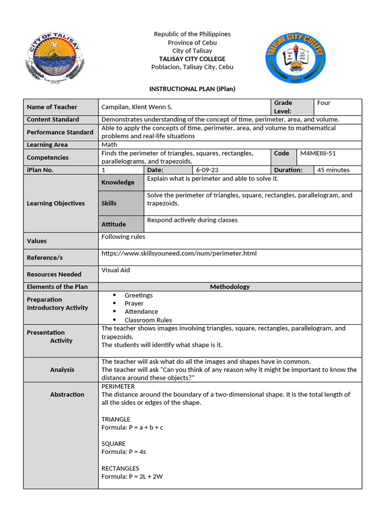 Klent Iplan in Math | PDF | Area | Elementary Geometry