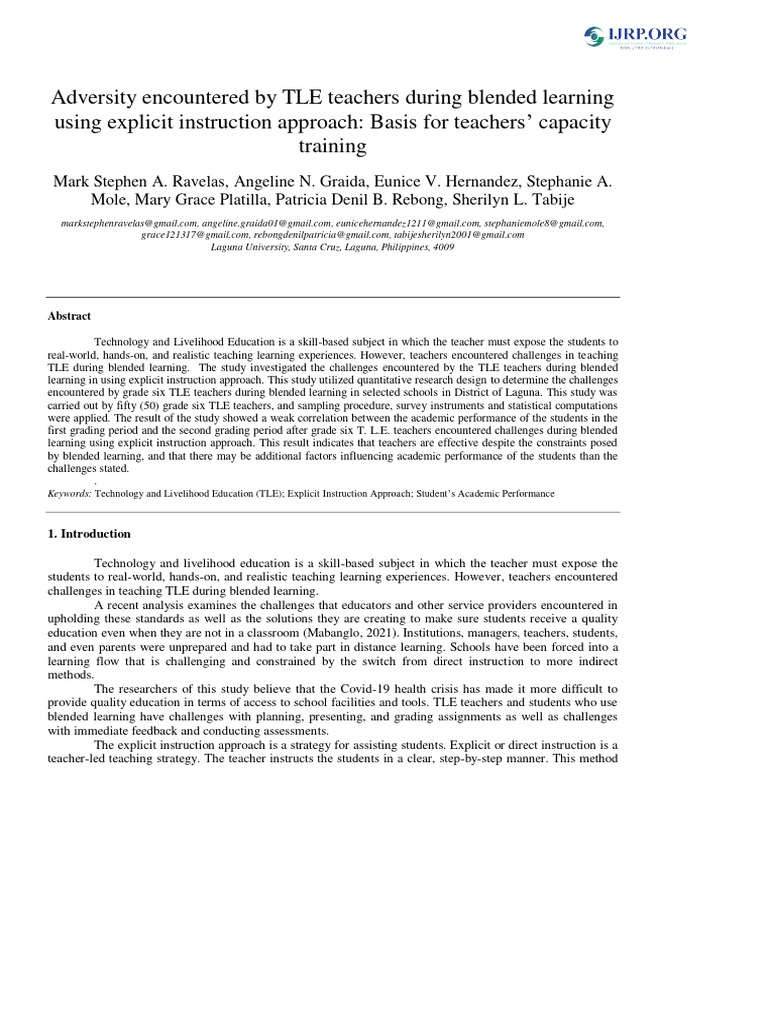 Adversity Encountered by TLE Teachers During Blended Learning Using ...