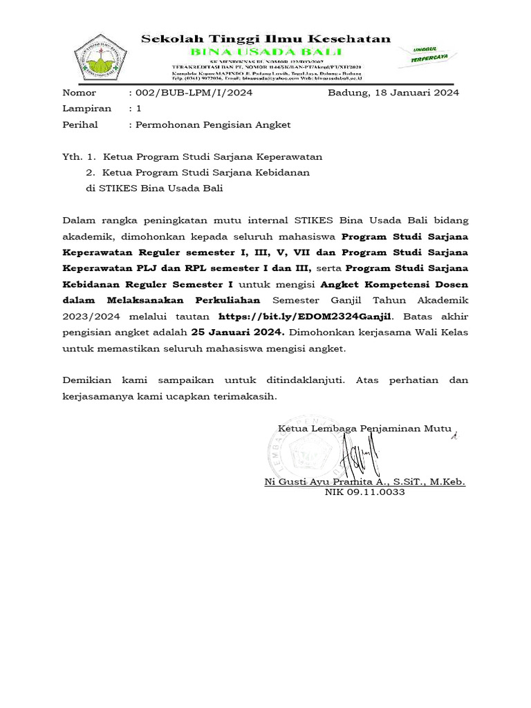 Permohonan Isi Angket Dosen STIKES Bali | PDF | Kesehatan Holistik