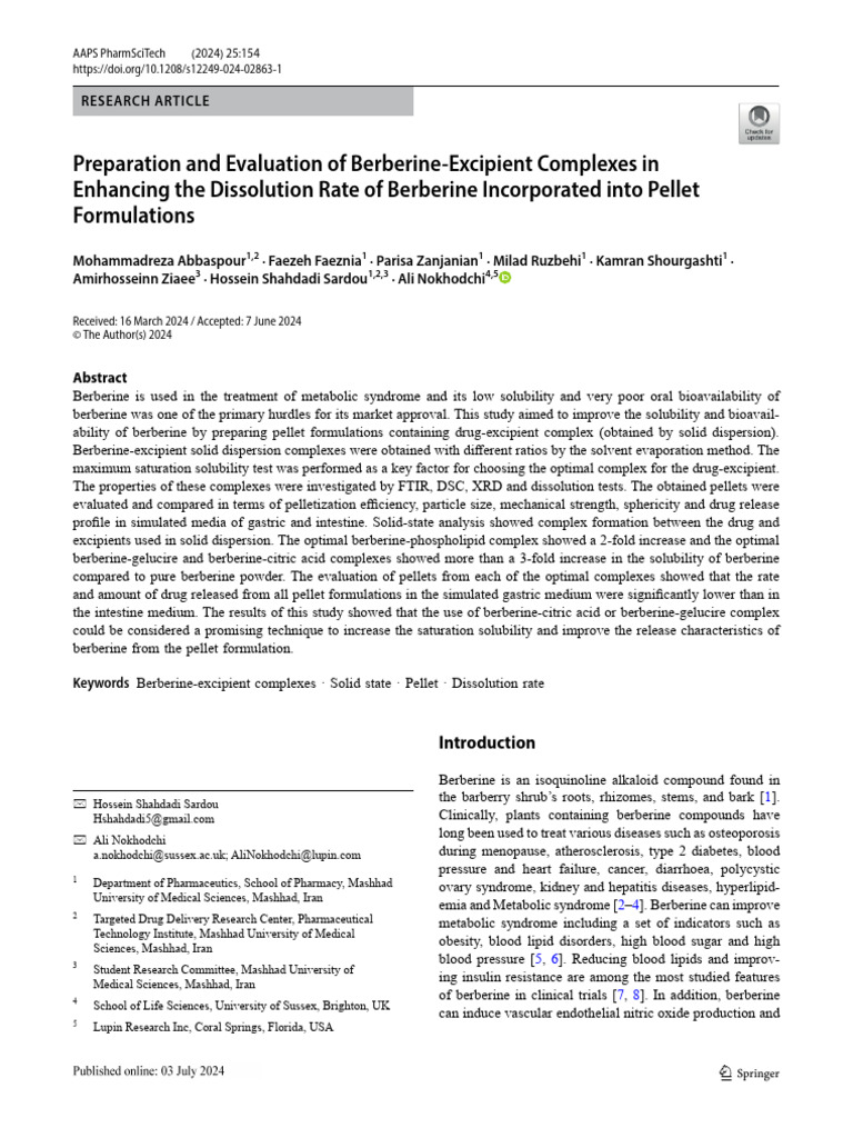 Preparation and Evaluation of Berberine-Excipient | PDF | Differential Scanning Calorimetry ...