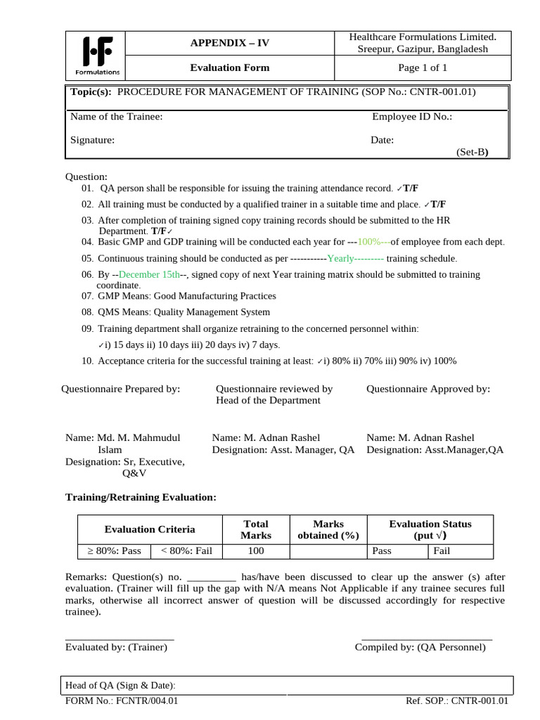 Appendix-IV (Evaluation Form) Set B (Answer Sheet) | PDF | Evaluation ...