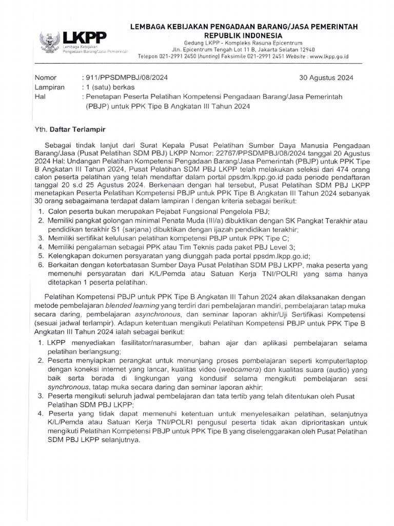 Penetapan Peserta Pelatihan PPK Tipe B Angkatan III 2024.finale | PDF