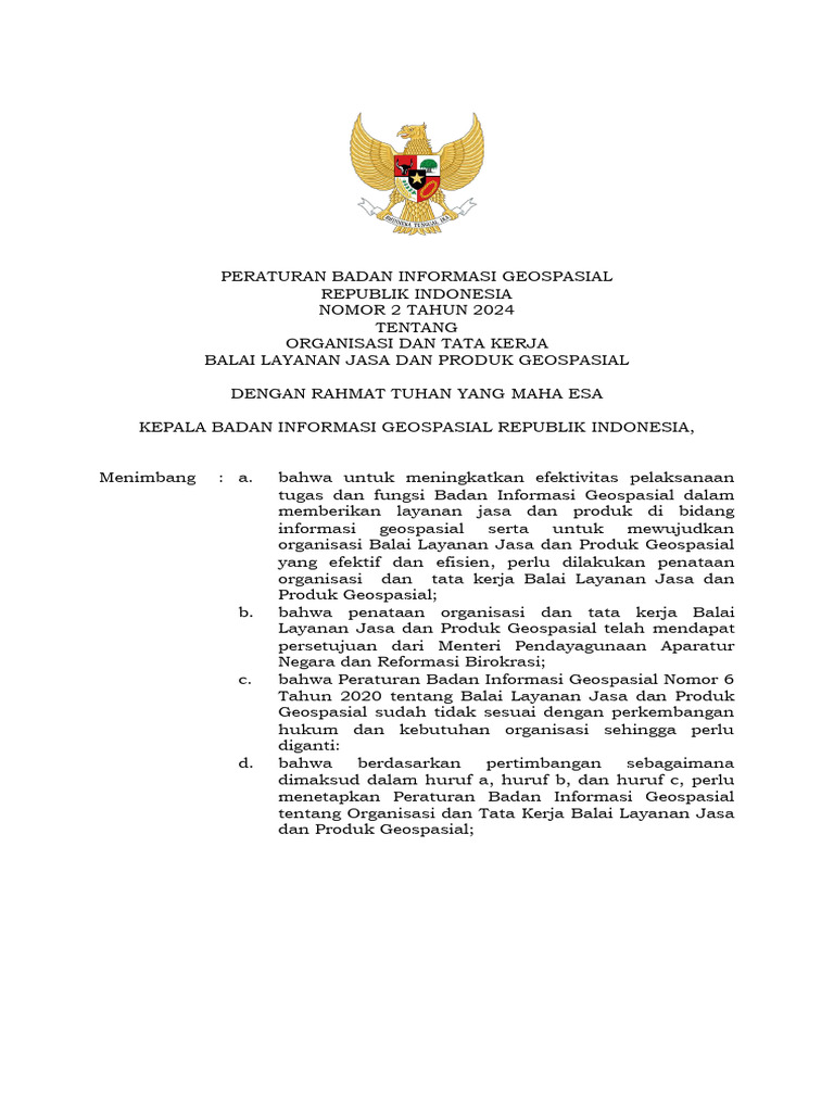 Peraturan Organisasi Balai Geospasial | PDF