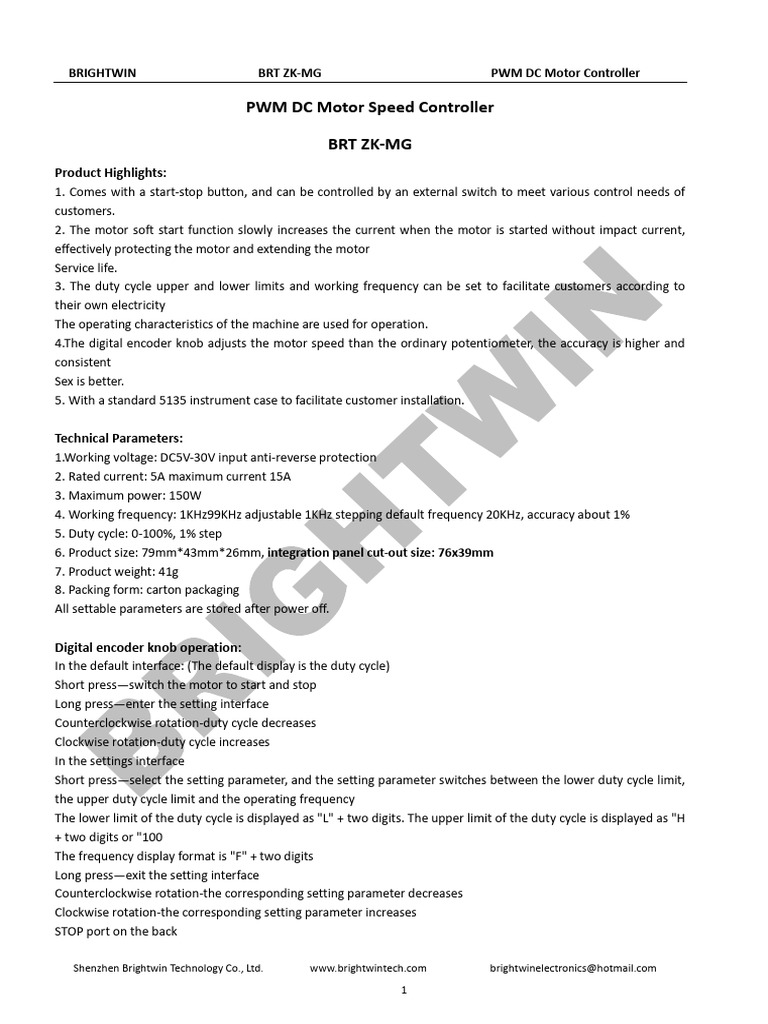 PWM DC Motor Speed Controller BRT ZK-MG: Product Highlights | PDF ...