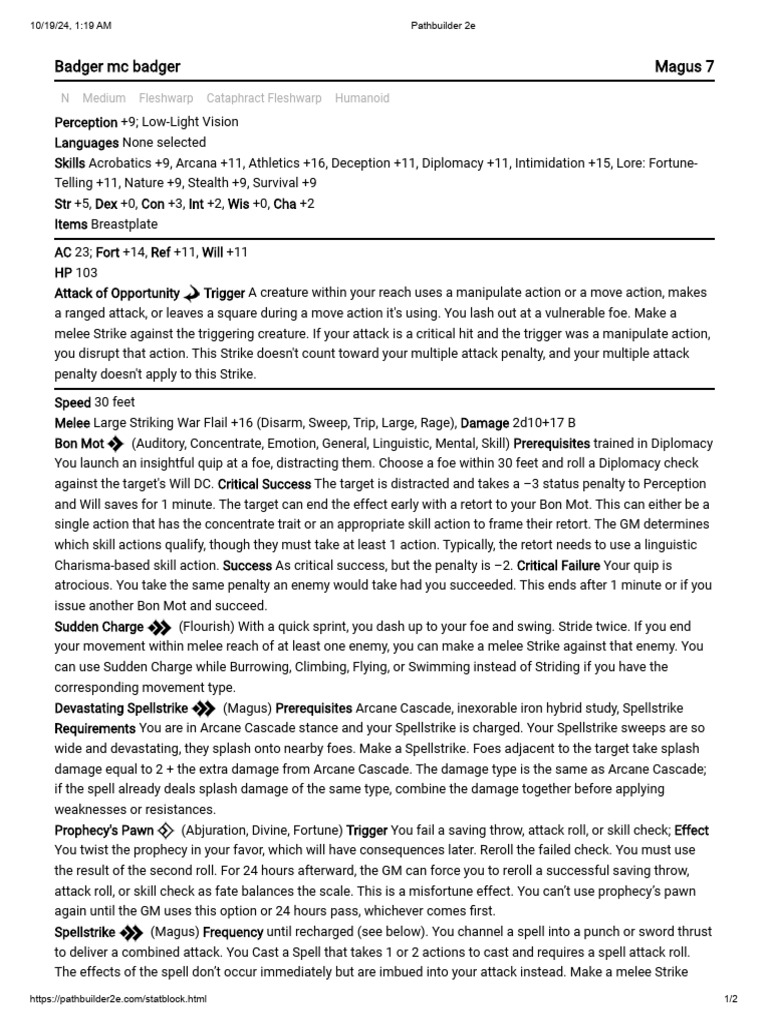 Pathbuilder 2e Badger Mcbad | PDF