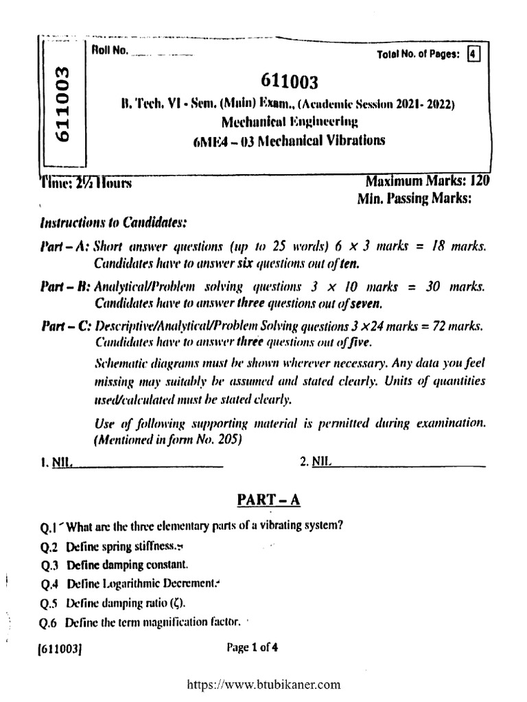 Btech Me 6 Sem Mechanical Vibrations 611003 2022 | PDF