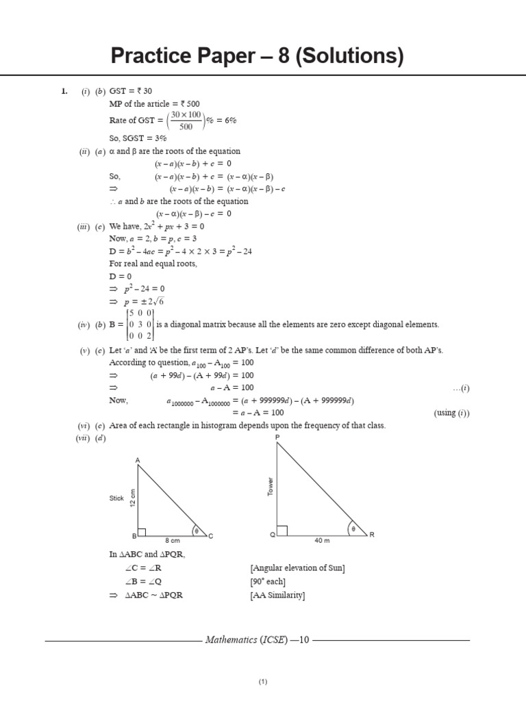 Icse Cl10 Together With Mathematics Edition 26 r2 Ans To PP 8 | PDF