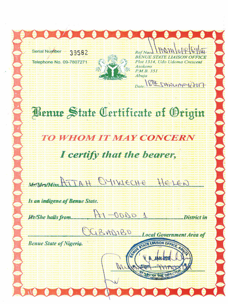 Benue State of Origin Certificate | PDF