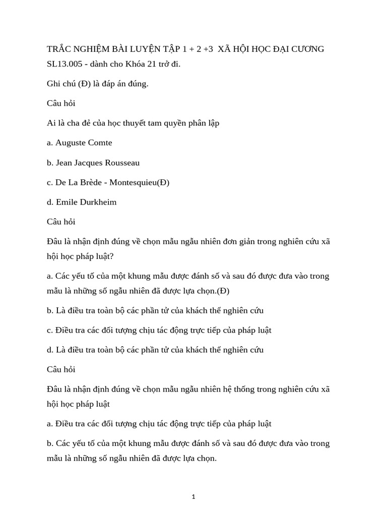 TRẮC NGHIỆM BÀI LUYỆN TẬP 1 + 2 +3 XÃ HỘI HỌC ĐẠI CƯƠNG SL13.005 - dành cho Khóa 21 trở đi. | PDF