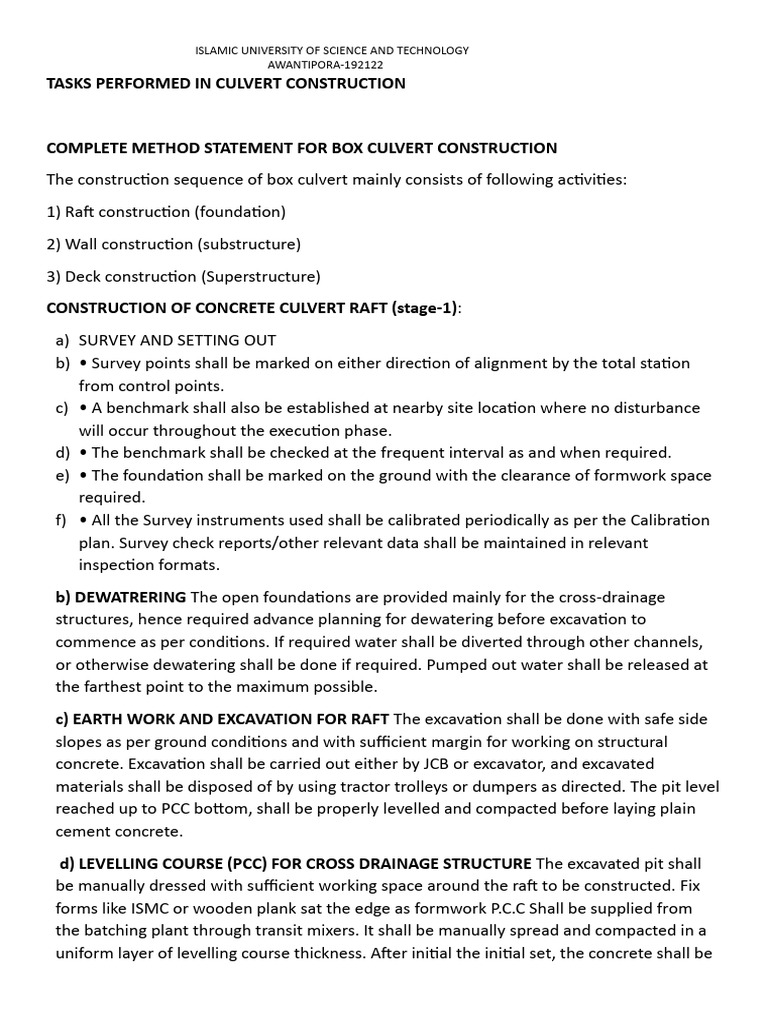 Tasks Performed in Culvert Construction | PDF | Concrete | Structural ...