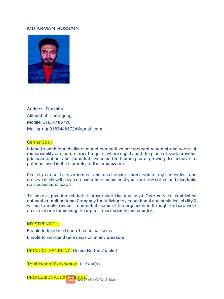 Garment CV of Arman | PDF