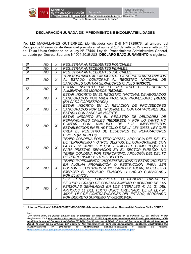 Declaración Jurada de Impedimentos e Incompatibilidades | PDF