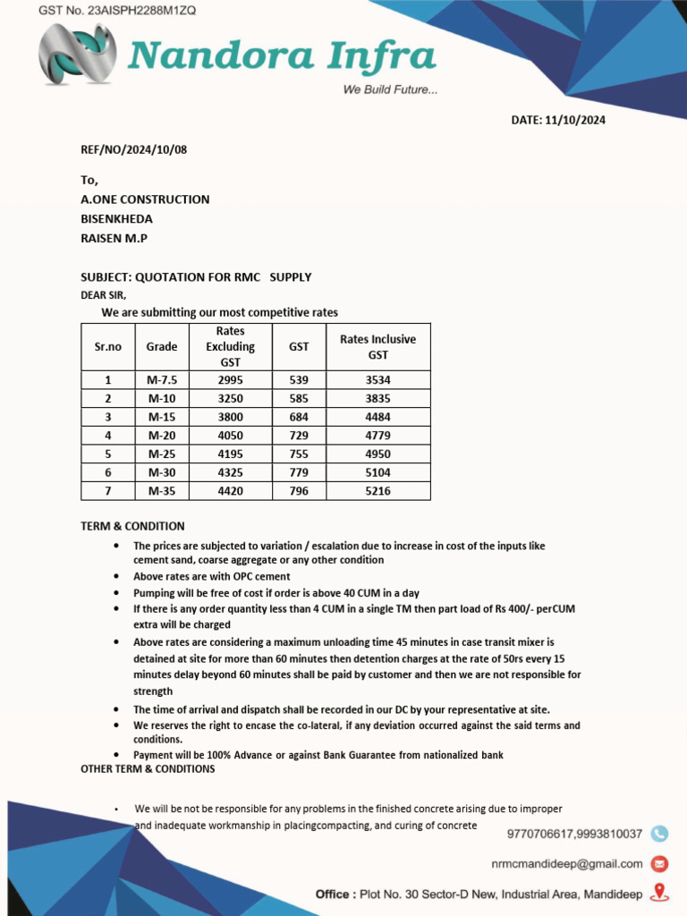 RMC Supply Quotation for A.One Construction | PDF | Concrete