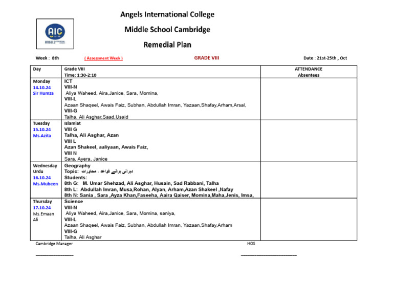 Remedial Week - 8th (21-25th Oct) | PDF