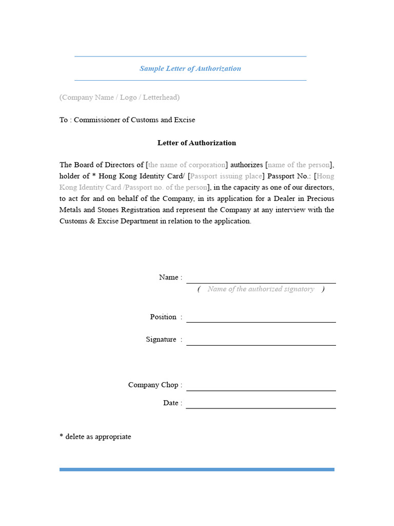 Hong Kong Authorization Letter Sample | PDF