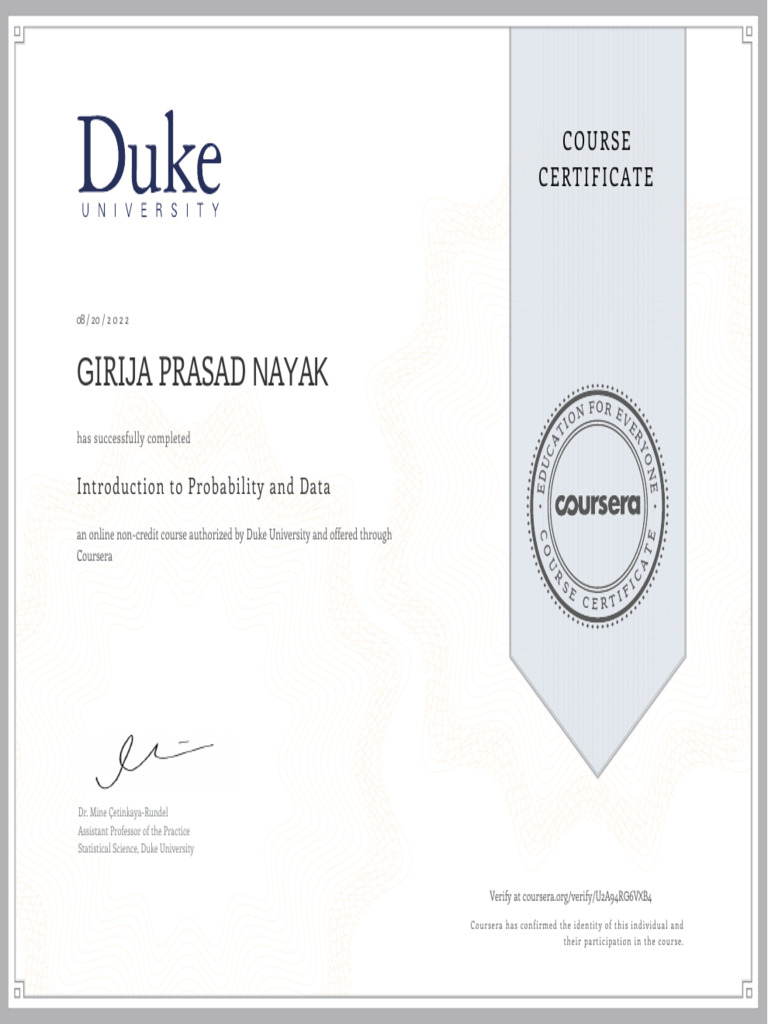 Duke Probability Course Certificate | PDF | Statistics
