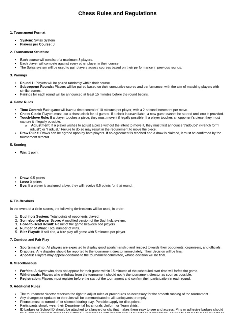 Chess Tournament Rules and Regulations | PDF | Sports | Chess