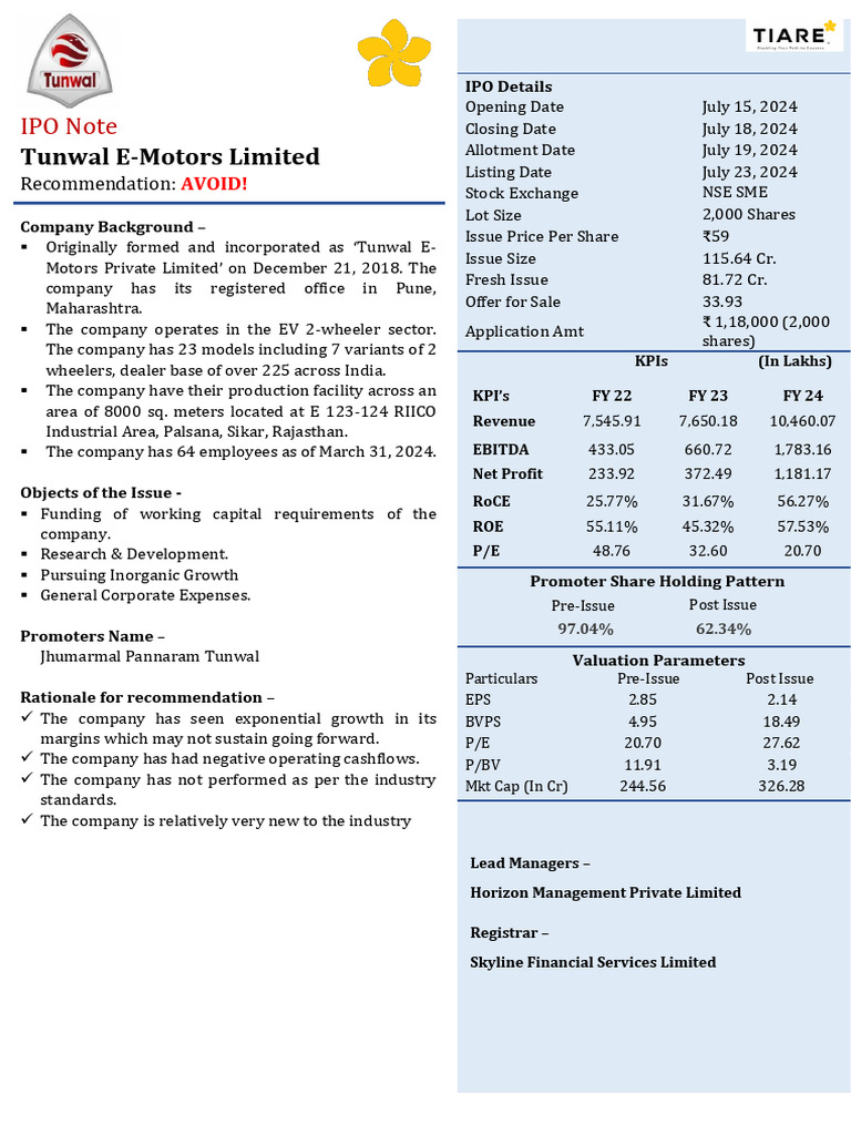 IPO Note Tunwal E Motors Limited | PDF | Electric Vehicle | Equity ...